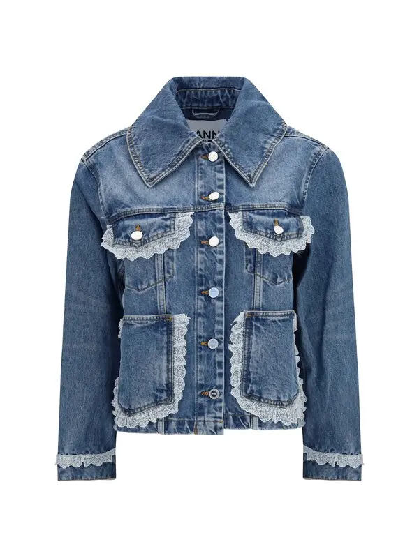 GANNI Rigid Denim Jacket With Lace Details