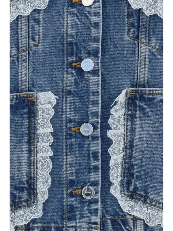 GANNI Rigid Denim Jacket With Lace Details - Blue