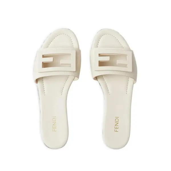 Fendi Leather Baguette Slides - Cream