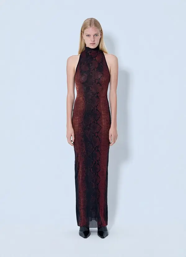 JEAN PAUL GAULTIER Mesh High Neck Python Printed Long Dress - Brown