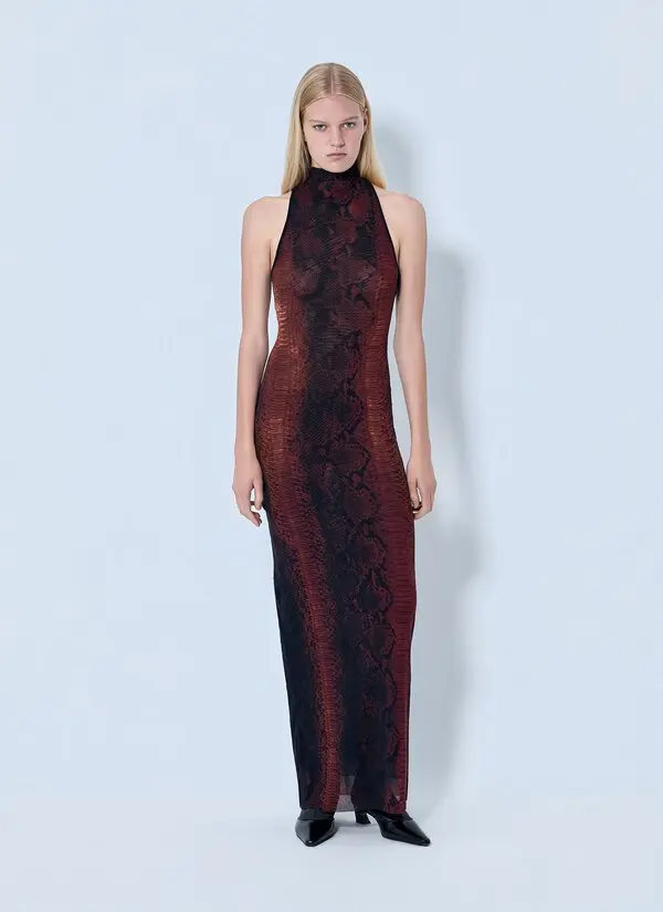 JEAN PAUL GAULTIER Mesh High Neck Python Printed Long Dress