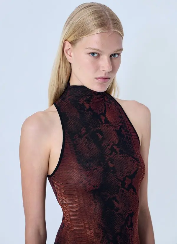 JEAN PAUL GAULTIER Mesh High Neck Python Printed Long Dress