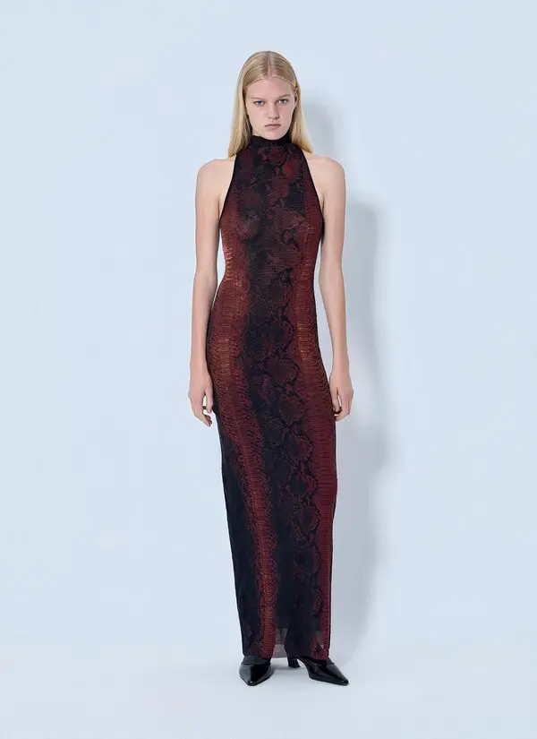 JEAN PAUL GAULTIER Python Printed High Neck Mesh Long Dress - Brown