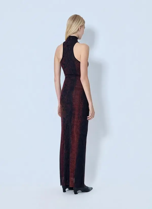 JEAN PAUL GAULTIER Python Printed High Neck Mesh Long Dress - Brown