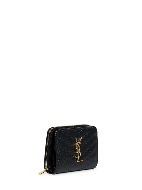 Saint Laurent Black Leather Cassandre Compact Zip Around Wallet