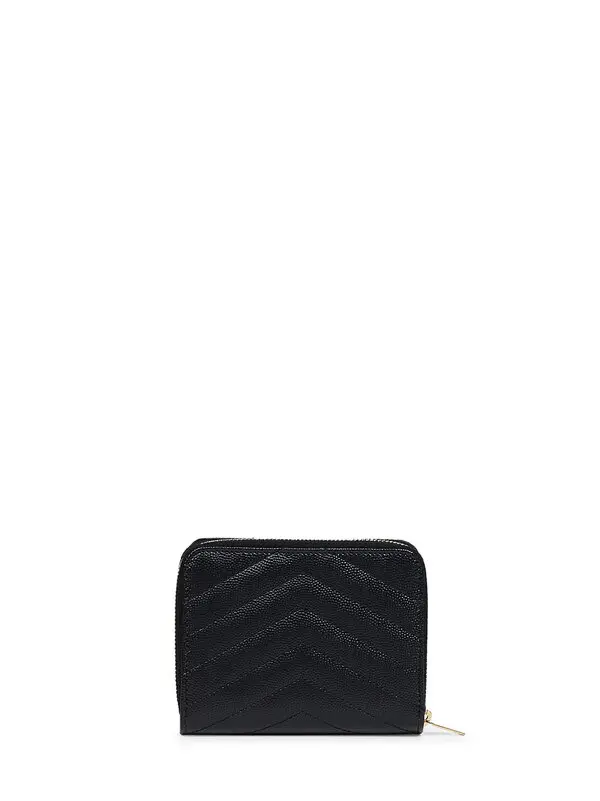 Saint Laurent Black Leather Cassandre Compact Zip Around Wallet
