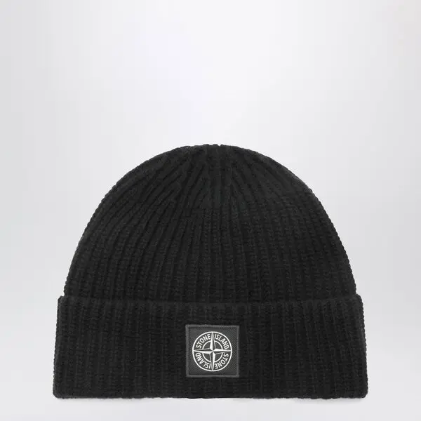 Stone Island Wool Beanie With Compass Patch - Black