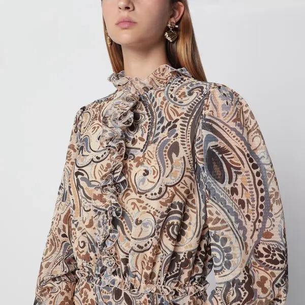 Etro Beige Ruffle Dress With Multicolour Print
