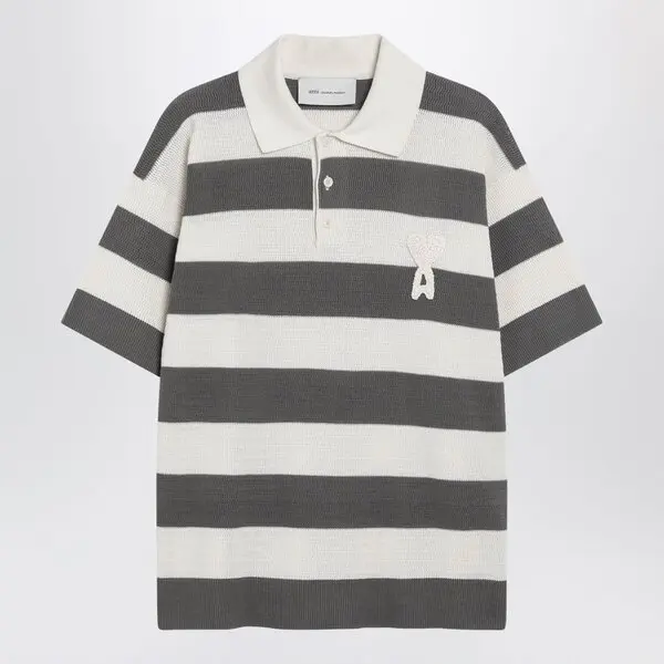 AMI Paris De Coeur Striped Cotton Knit Polo Shirt - White