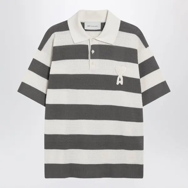 AMI Paris De Coeur Striped Cotton Knit Polo Shirt - White