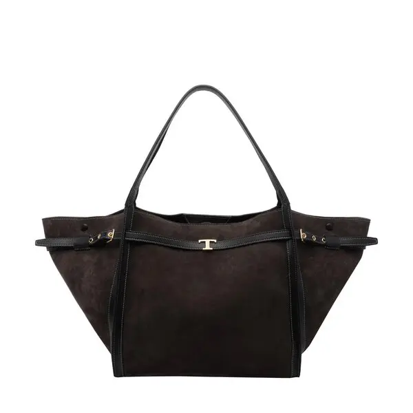 TOD'S Medium Suede T Signature Shopping Bag - Brown