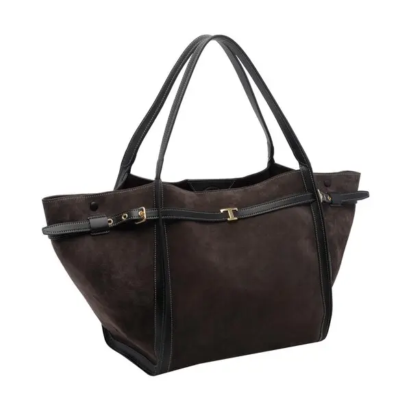 TOD'S Medium Suede T Signature Shopping Bag - Brown