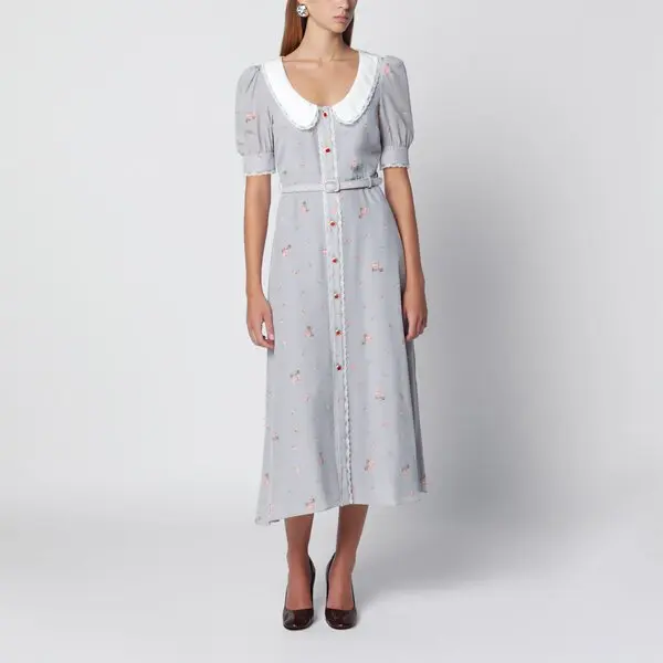 Alessandra Rich Grey/pink Floral-print Silk Midi Dress - Gray
