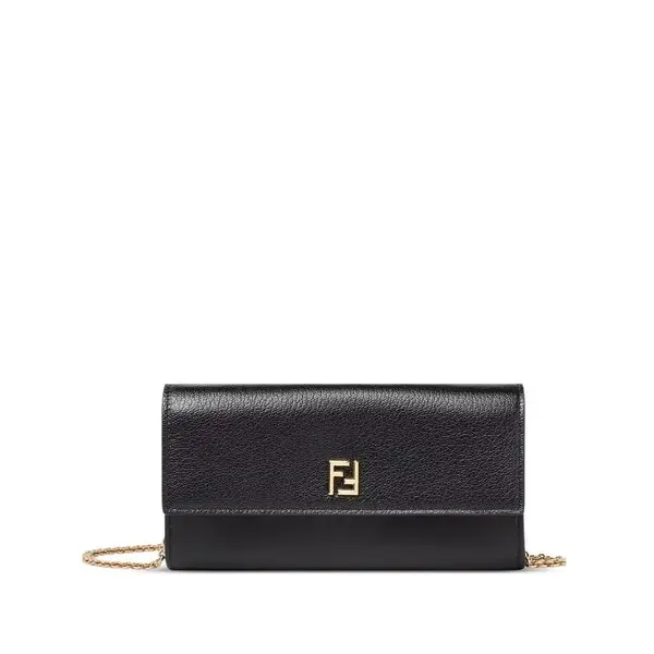 Fendi Leather Continental Wallet With Chain Strap - Black