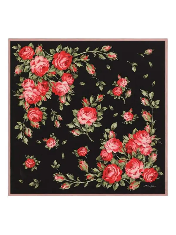 Dolce & Gabbana 90x90 Cm Silk Twill Scarf With A Rose Bouquet Print - Black