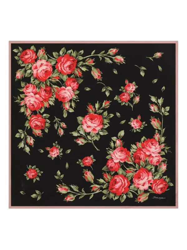 Dolce & Gabbana 90x90 Cm Silk Twill Scarf With A Rose Bouquet Print - Black