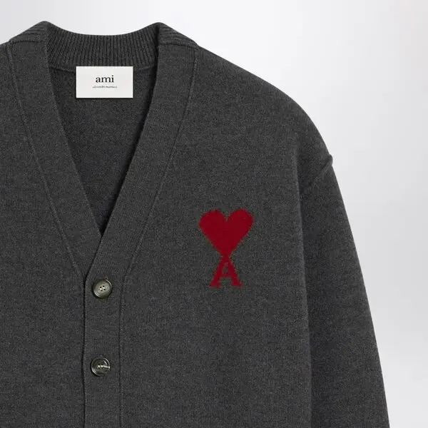 AMI Paris Grey De Coeur Wool Cardigan