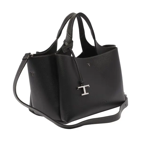 TOD'S Mini Leather Handbag With T Timeless Charm - Black