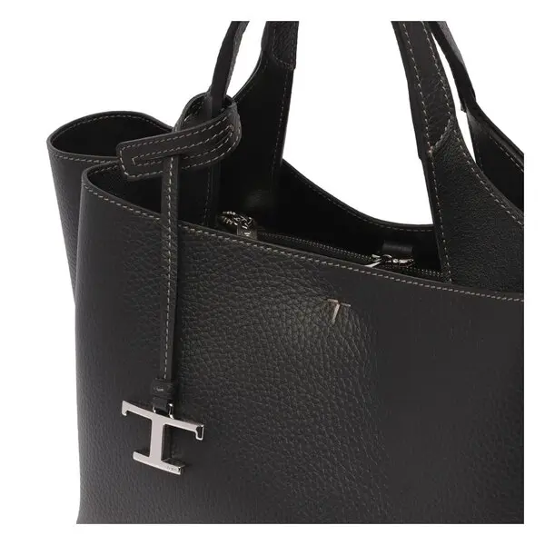 TOD'S Mini Leather Handbag With T Timeless Charm - Black