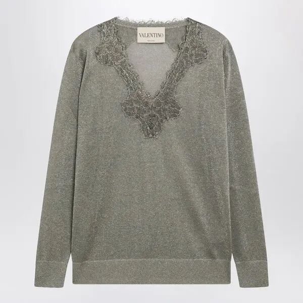 Valentino Garavani Viscose-blend Lace V-neck Sweater - Silver