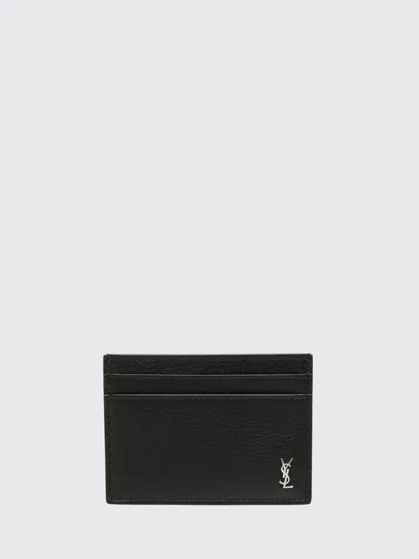 Saint Laurent Tiny Cassandre Flat Calfskin Card Holder With Logo - Black