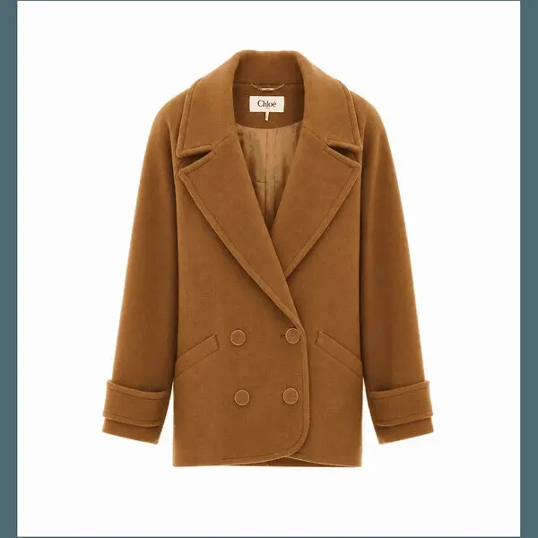 Chloé Short Double-breasted Wool Coat With Herringbone Pattern - Brown