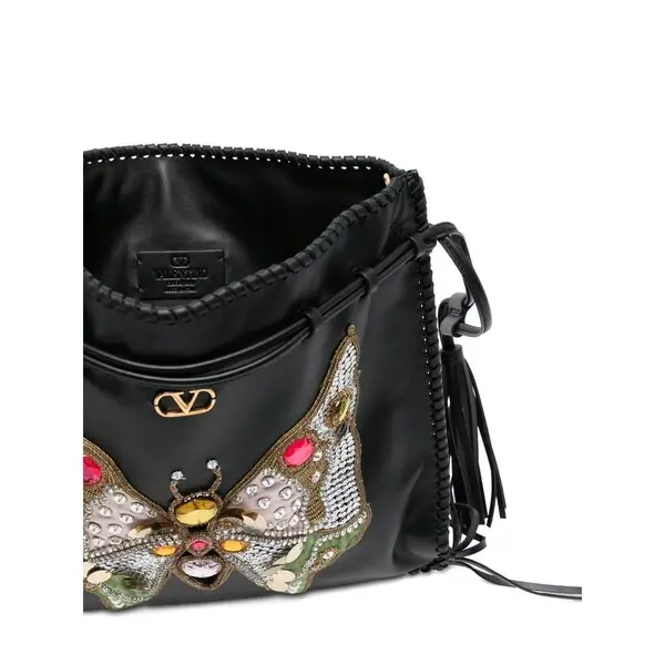 Valentino Garavani Calf Leather Butterfly Embellished Fringe Shoulder Bag