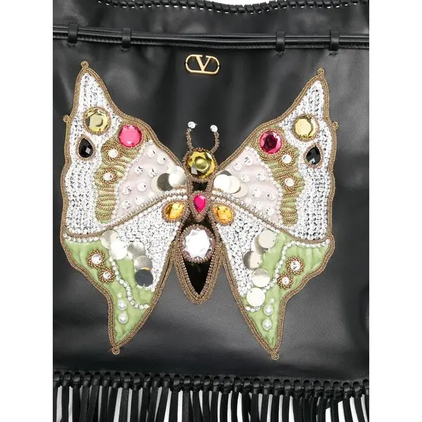 Valentino Garavani Calf Leather Butterfly Embellished Fringe Shoulder Bag