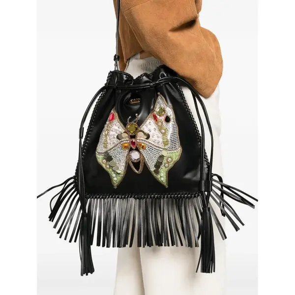 Valentino Garavani Calf Leather Butterfly Embellished Fringe Shoulder Bag