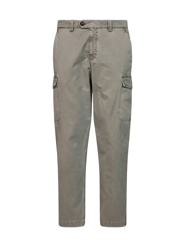 Brunello Cucinelli Washed Green Peached Cotton Gabardine Cargo Trousers - Multicolor