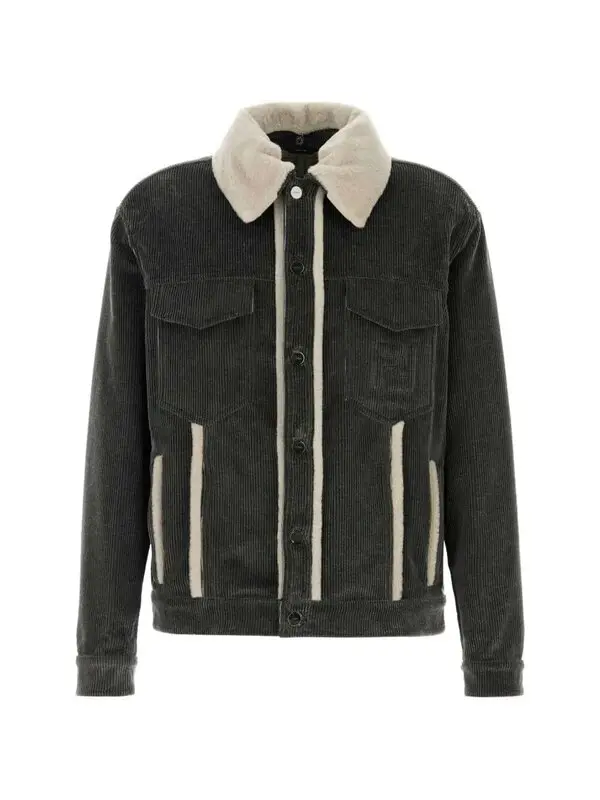 Fendi Faded Stonewash Treatment Corduroy Blouson With Sheepskin Trim Removable Collar - Gray