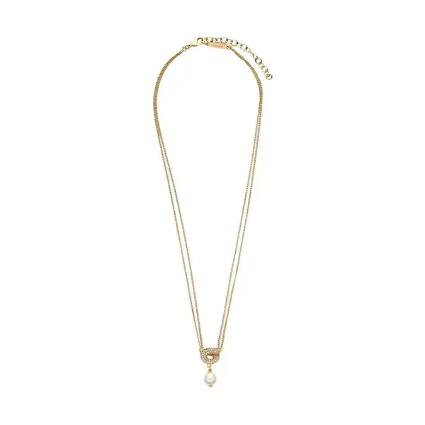 FERRAGAMO Necklace With Gancini Pearl And Crystals Pendant - Gold