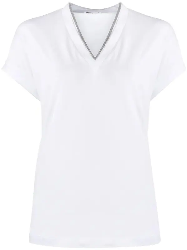 Brunello Cucinelli Monili Trim V-neck Cotton T-shirt - White