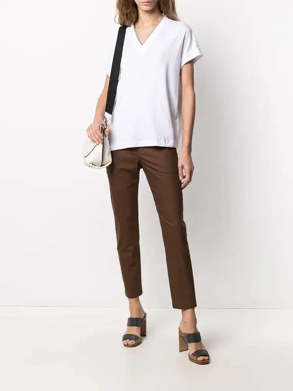 Brunello Cucinelli Monili Trim V-neck Cotton T-shirt - White