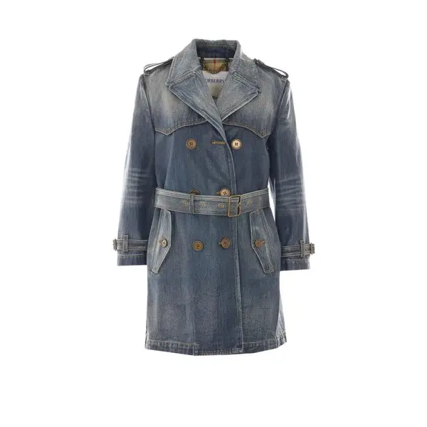 Burberry Coated Denim Short Trench With Check Lining - Blue
