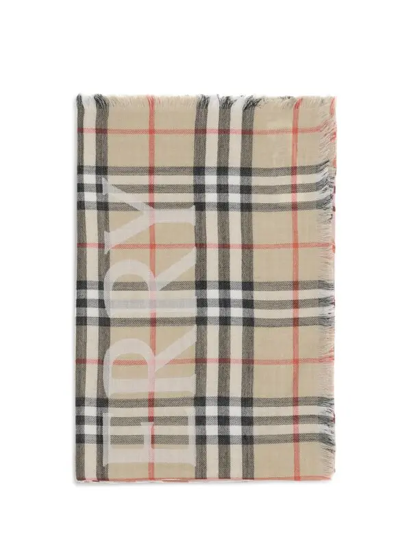 Burberry Wide Wool And Silk Check Scarf With Ekd - Cream