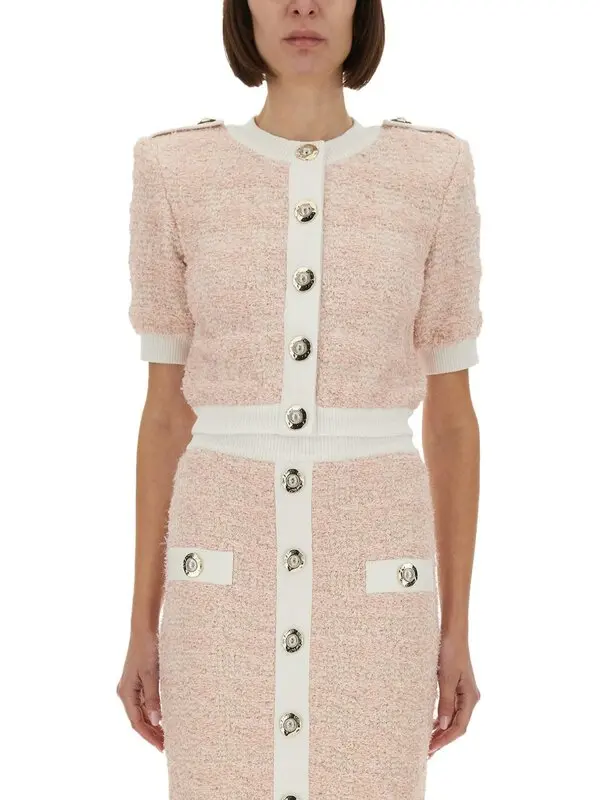 Balmain Tweed Cropped Cardigan - Pink