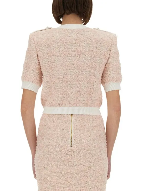 Balmain Tweed Cropped Cardigan - Pink