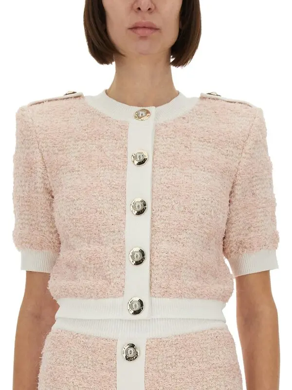Balmain Tweed Cropped Cardigan - Pink