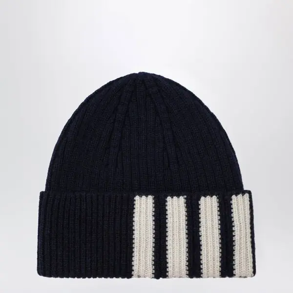 Thom Browne Navy Ribbed Cashmere Beanie - Blue