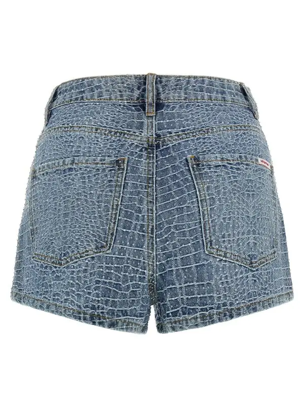 SELF-PORTRAIT Crocodile Effect Rhinestone Denim Shorts - Blue