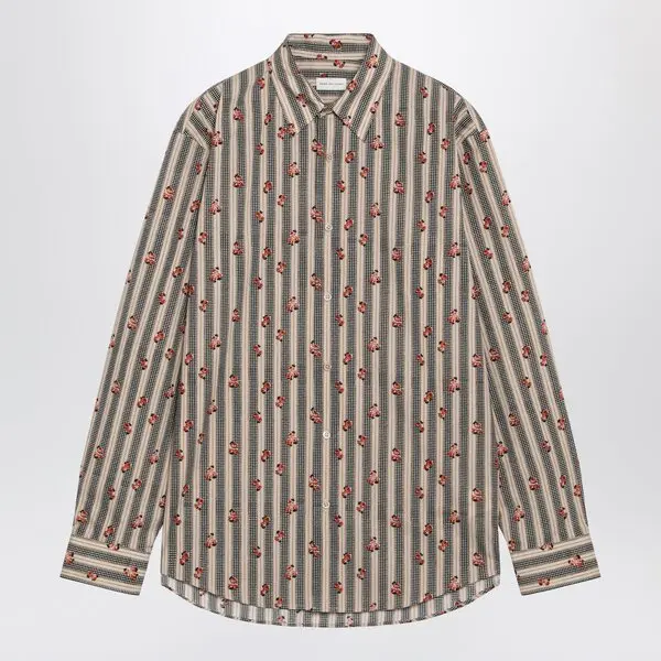 Dries Van Noten Beige Striped Cotton Shirt With Floral Print - Cream