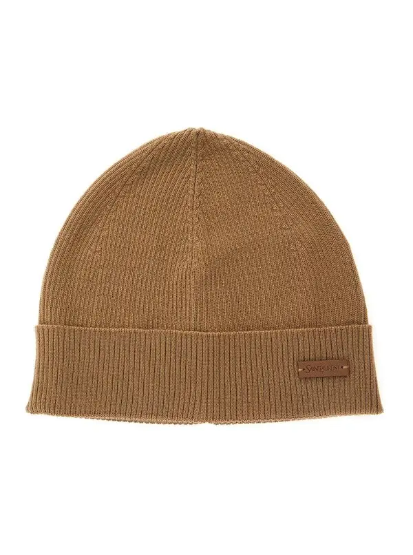 Saint Laurent Beige Knit Beanie With Logo Patch On The Front In Wool - Multicolor