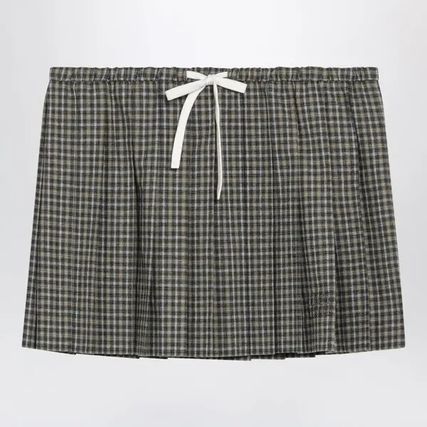 Miu Miu Grey/sand Checked Pleated Mini Skirt