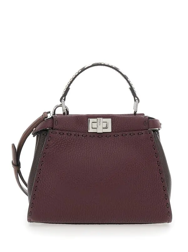 Fendi Bordeaux Peekaboo Tote Bag With Snakeskin Handle And Turn Lock Closure On Both Sides In Hammered Leather For - Multicolor