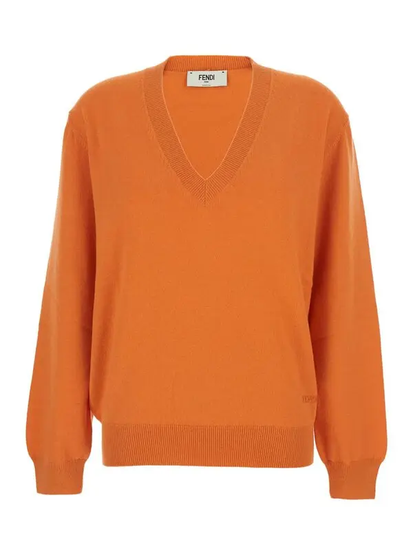 Fendi Orange Oversized Sweater With V-neck And Logo Lettering Embroidery In Cashmere For - Multicolor