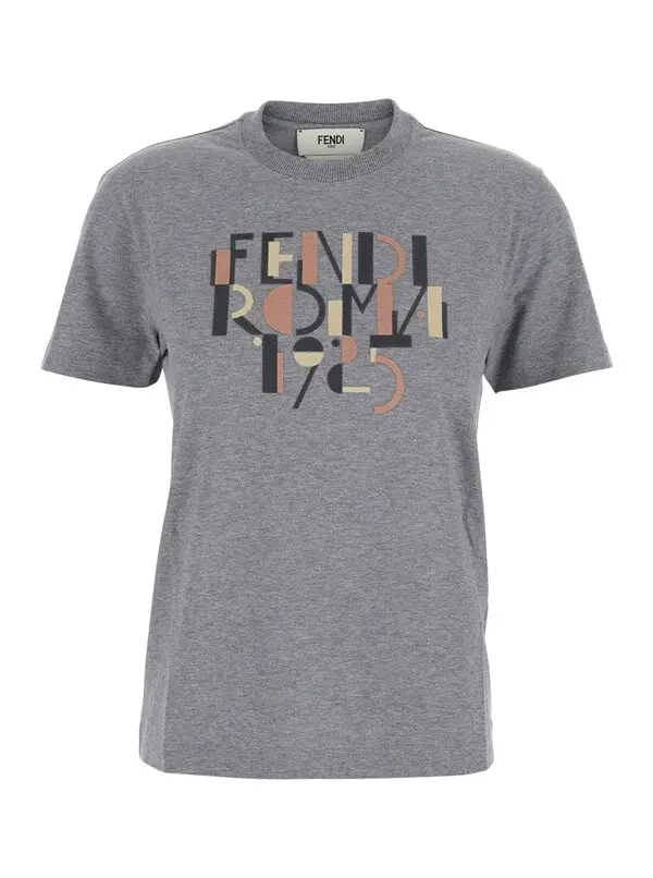 Fendi Grey Crewneck T-shirt With Logo Detail On The Front In Cotton - Gray