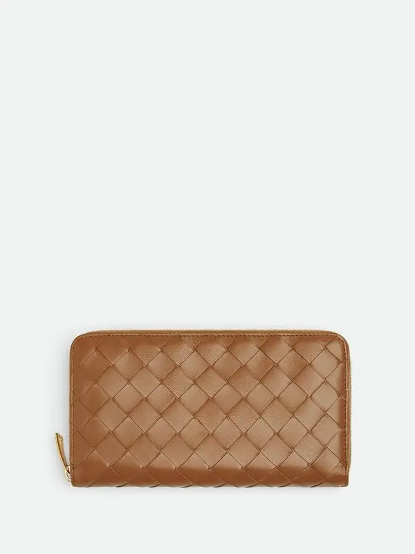 Bottega Veneta Portafoglio Intrecciato Grande Con Zip - Brown