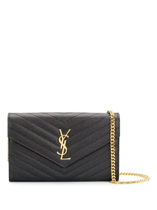 Saint Laurent Classic Cassandre Chain Wallet In Grain De Poudre Leather - Black