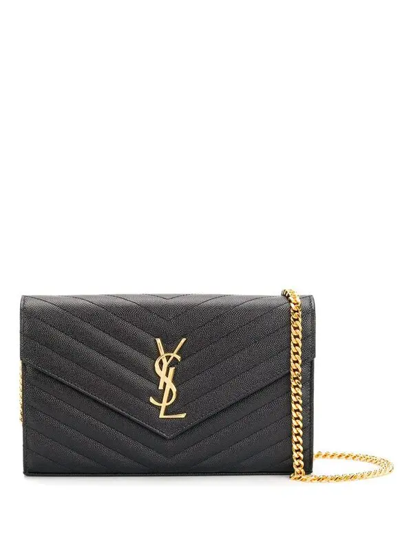 Saint Laurent Classic Cassandre Chain Wallet In Grain De Poudre Leather - Black